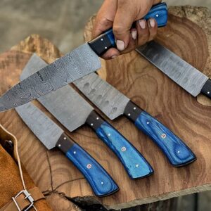 Handmade Damascus steel Chef Knives set with sharpener| 6 pcs of Professional Utility kitchen Knife Set with cleaver and leather Roll Bag