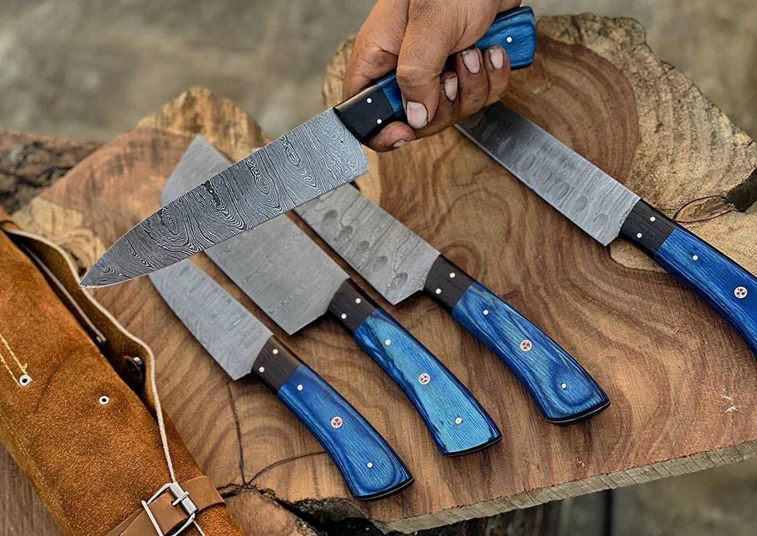 Handmade Damascus steel Chef Knives set with sharpener| 6 pcs of Professional Utility kitchen Knife Set with cleaver and leather Roll Bag