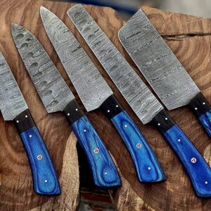 Handmade Damascus steel Chef Knives set with sharpener| 6 pcs of Professional Utility kitchen Knife Set with cleaver and leather Roll Bag