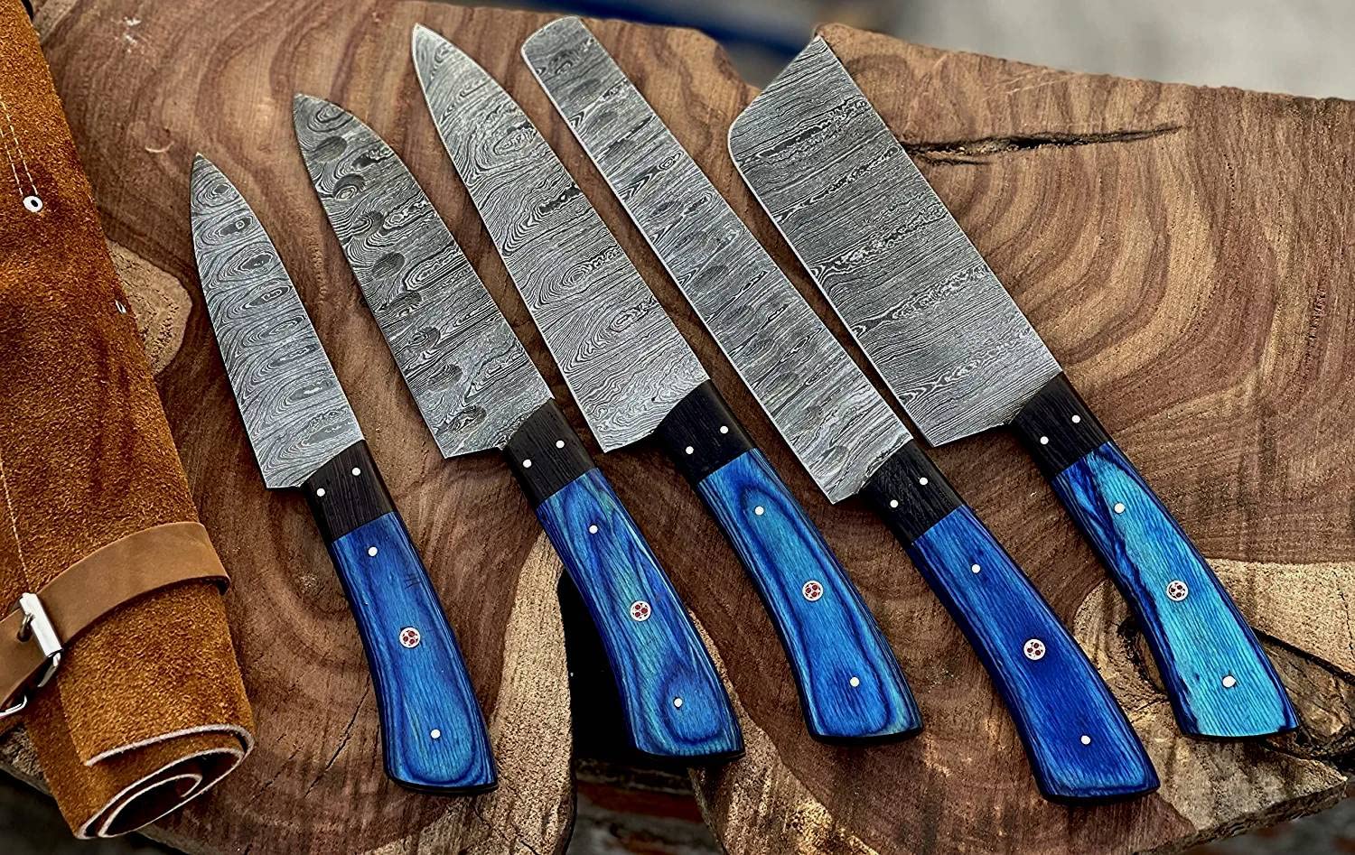 Handmade Damascus steel Chef Knives set with sharpener| 6 pcs of Professional Utility kitchen Knife Set with cleaver and leather Roll Bag