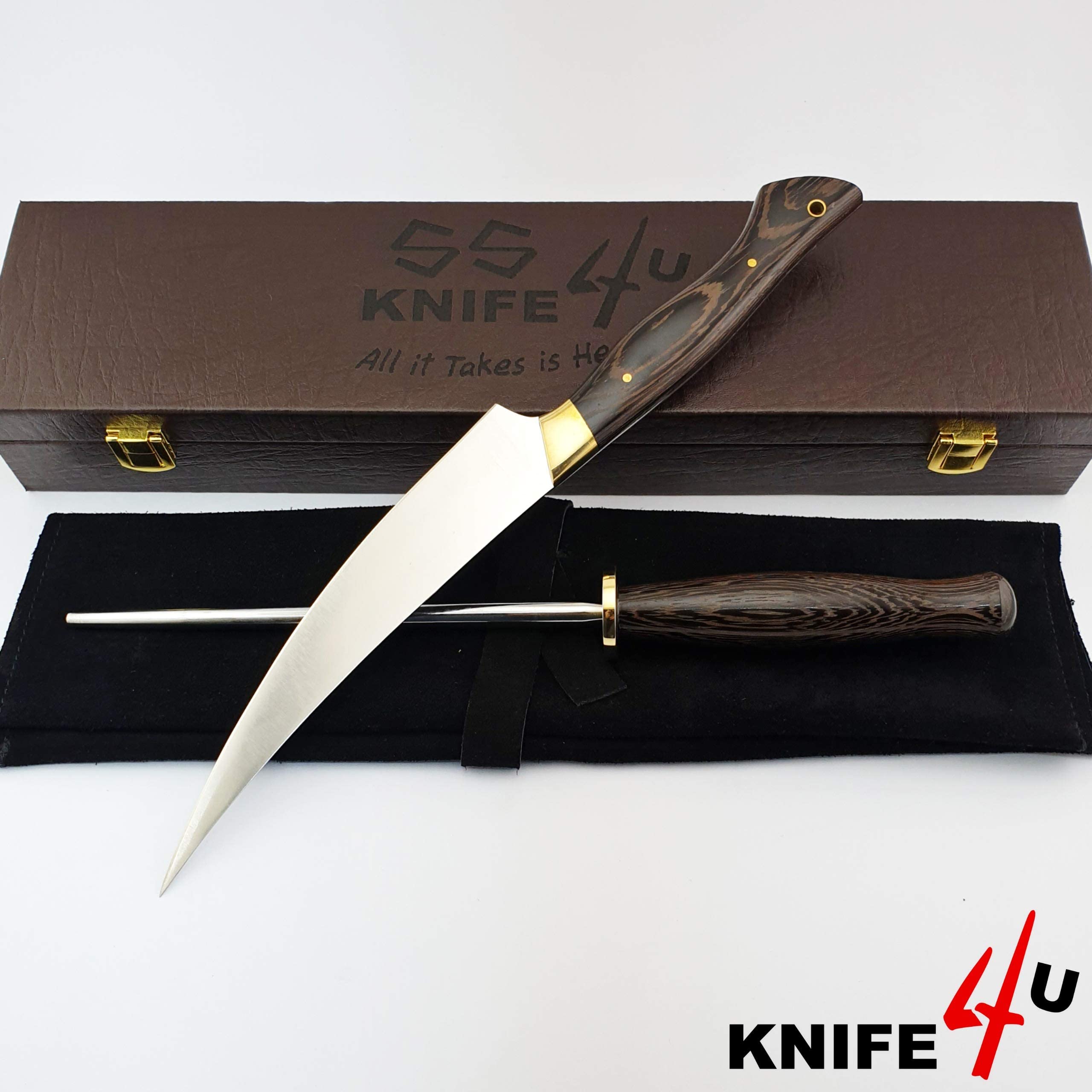 Knife4U Flexible Fillet Knife Set | 8"inches Fish Meat Slicer|Satin Finish 440C Stainless Steel Handcrafted Boning Knife|Wangy Handle comes with Knife Sharpener,Perfect Fishing Gifts For Men And Women