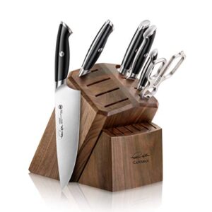 cangshan thomas keller signature collection swedish powder steel forged, 7-piece knife block set, walnut block with 8 spare slots, black