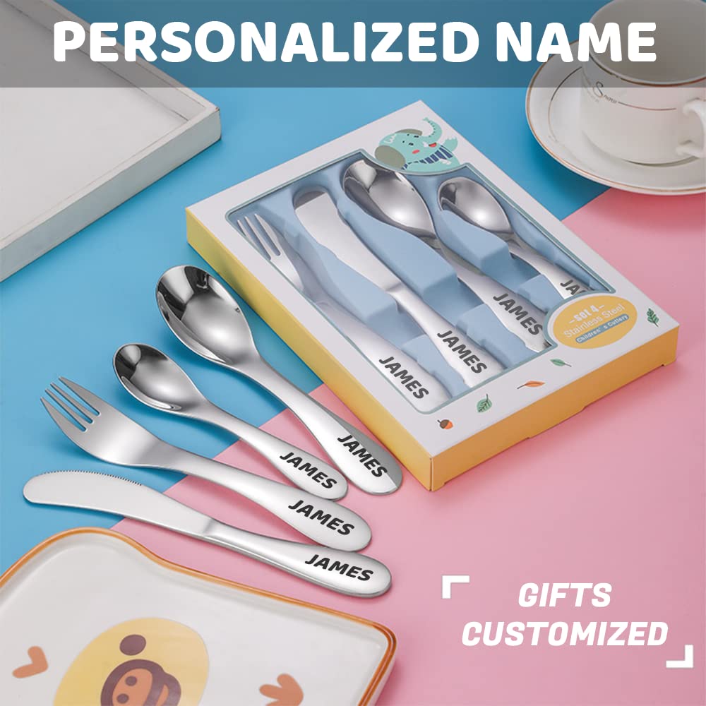 KEAECIZ Personalized Children's Cutlery 4 Pieces Set,Custom Name Engraved Spoon Knife Fork Set,Children's Stainless Steel Flatware Set for Kitchen Kids Birthday Gift with Gift Box