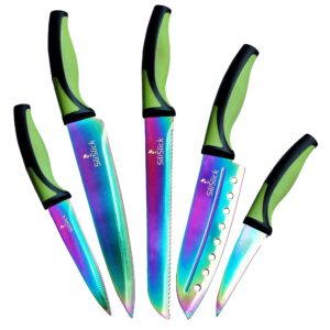 SiliSlick Kitchen Knife Set Titanium Coated Blades and Portable Sharpener