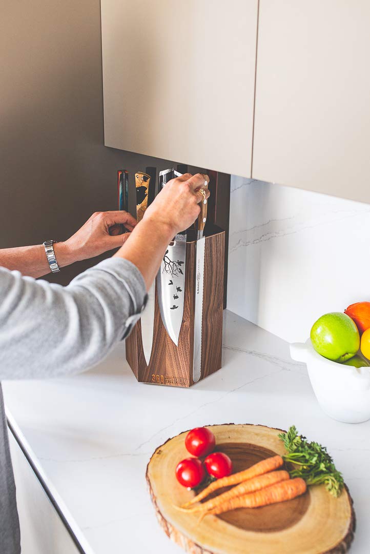 360 Knife Block MAX - (walnut) rotating, magnetic, knife block - NOW w/top slots - capacity for 20+ knives & 12" blades (Walnut wood)