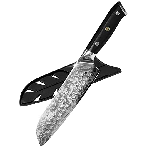 XYJ VG10 Real Damascus Steel Chef Knife Japanese Santoku Knife 7 inch High Carbon Stainless Steel Razor Sharp Non-Stick Blade with Ergonomic G10 Handle Knife Sheath & Gift Box