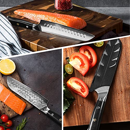 XYJ VG10 Real Damascus Steel Chef Knife Japanese Santoku Knife 7 inch High Carbon Stainless Steel Razor Sharp Non-Stick Blade with Ergonomic G10 Handle Knife Sheath & Gift Box