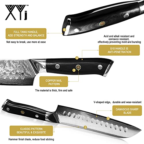 XYJ VG10 Real Damascus Steel Chef Knife Japanese Santoku Knife 7 inch High Carbon Stainless Steel Razor Sharp Non-Stick Blade with Ergonomic G10 Handle Knife Sheath & Gift Box