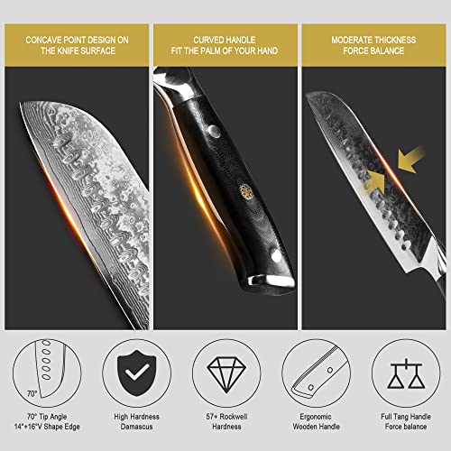 XYJ VG10 Real Damascus Steel Chef Knife Japanese Santoku Knife 7 inch High Carbon Stainless Steel Razor Sharp Non-Stick Blade with Ergonomic G10 Handle Knife Sheath & Gift Box