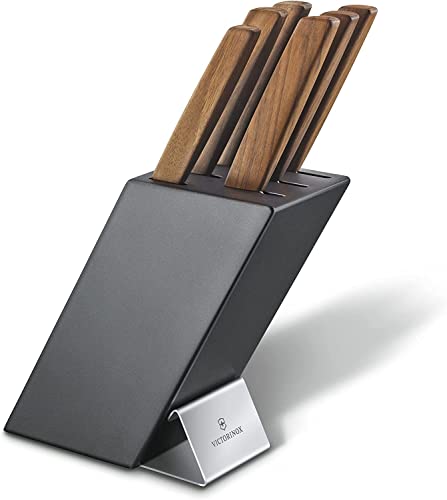 Victorinox Swiss Modern Knife Block - Knife Block with Knives - Includes Santoku Knife, Bread Knife, Chef's Knife & More - Premium Kitchen Accessories - Walnut Wood Handles, 6-Piece Set