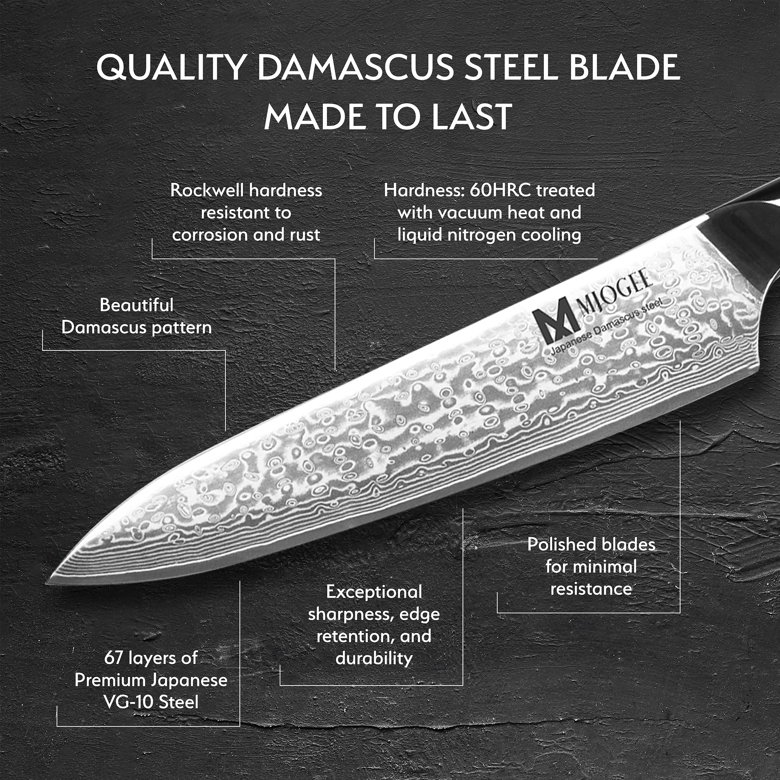 MJOGEE Damascus Professional Kitchen Knives - Chef Knife Set of 3 - Professional Knife Sets for Chefs - Carbon Steel Chef's Knives - 8-Inch Chef Knife, 5-Inch Utility Knife, & 3.5-Inch Paring Knife