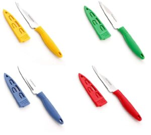 kitchen paring knives knife sets with safety sheath cover, set of 4, red, yellow, blue & green knife