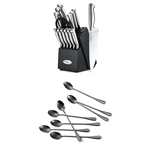 Marco Almond KYA28 Japanese High Carbon Stainless Steel Self Sharpening Knife Block Set + KYA59 Titanium Coated Stainless Steel Long Handle Spoons