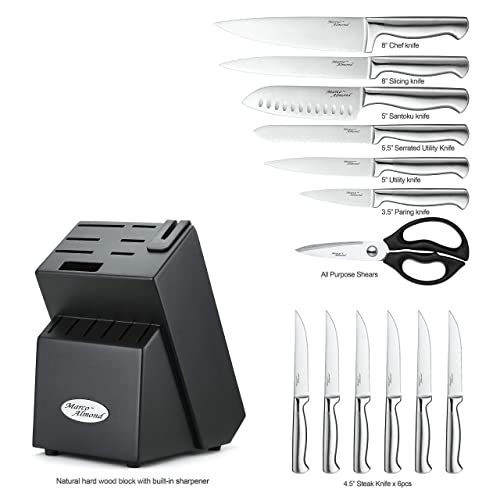 Marco Almond KYA28 Japanese High Carbon Stainless Steel Self Sharpening Knife Block Set + KYA59 Titanium Coated Stainless Steel Long Handle Spoons