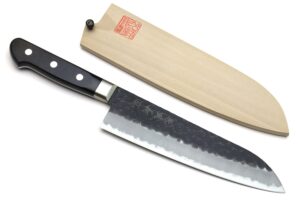 yoshihiro kurouchi super blue steel stainless clad santoku multipurpose chef knife (7" (180mm) & saya, black pakkawood handle)