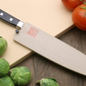 Yoshihiro Kurouchi Super Blue Steel Stainless Clad Santoku Multipurpose Chef Knife (7" (180mm) & Saya, Black Pakkawood Handle)