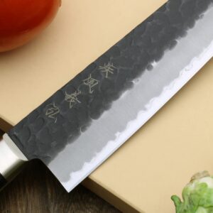 Yoshihiro Kurouchi Super Blue Steel Stainless Clad Santoku Multipurpose Chef Knife (7" (180mm) & Saya, Black Pakkawood Handle)