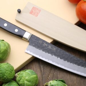 Yoshihiro Kurouchi Super Blue Steel Stainless Clad Santoku Multipurpose Chef Knife (7" (180mm) & Saya, Black Pakkawood Handle)