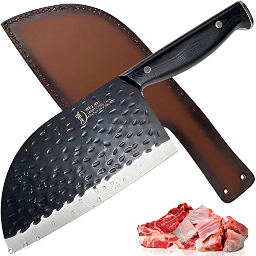 RITSU Butcher Knife,8 Inch Serbian Chef Knife Hand Forged Kitchen Knife,German High Carbon Steel Full Tang Meat Cleaver with Ergonomic G10 Handle,Vegetable Cooking Meat Knives (knife-01)