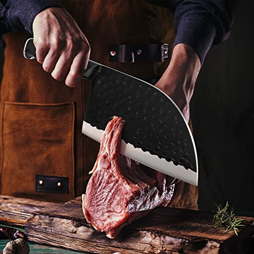 RITSU Butcher Knife,8 Inch Serbian Chef Knife Hand Forged Kitchen Knife,German High Carbon Steel Full Tang Meat Cleaver with Ergonomic G10 Handle,Vegetable Cooking Meat Knives (knife-01)