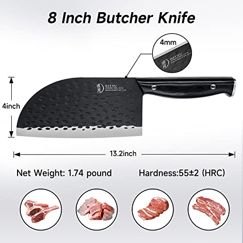 RITSU Butcher Knife,8 Inch Serbian Chef Knife Hand Forged Kitchen Knife,German High Carbon Steel Full Tang Meat Cleaver with Ergonomic G10 Handle,Vegetable Cooking Meat Knives (knife-01)