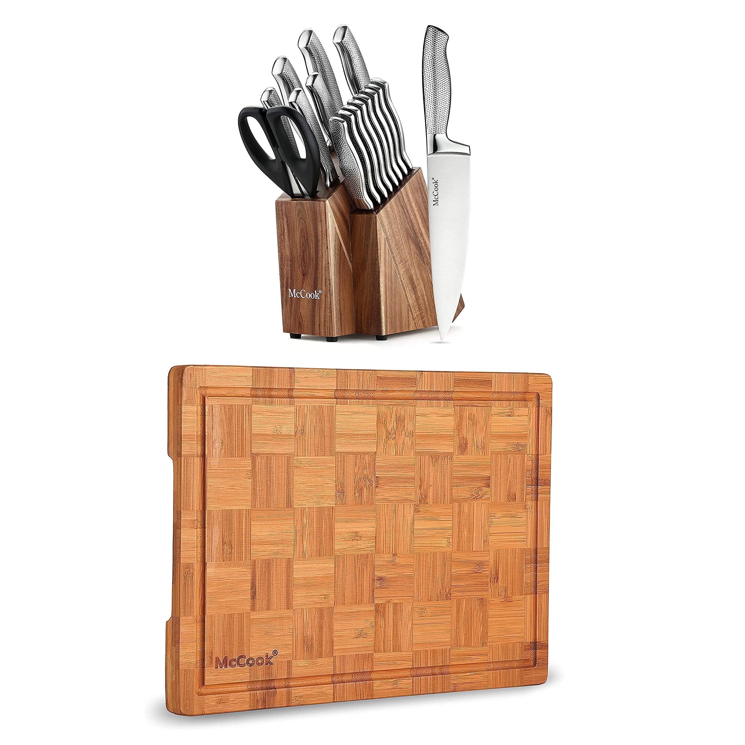 McCook MC20 Stainless Steel Knife Block Sets + MCW12 Bamboo Cutting Board (Large, 17”x12”x1”)