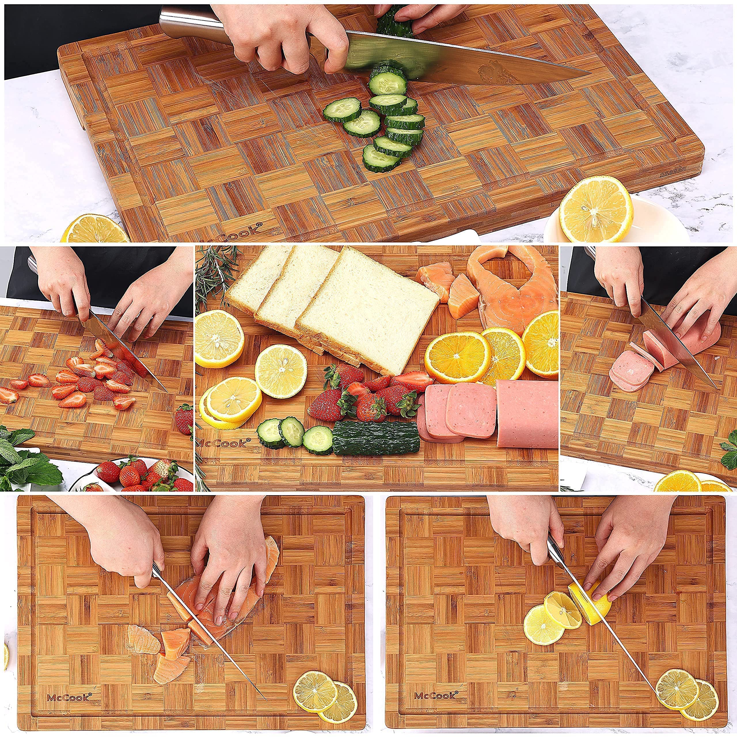 McCook MC20 Stainless Steel Knife Block Sets + MCW12 Bamboo Cutting Board (Large, 17”x12”x1”)