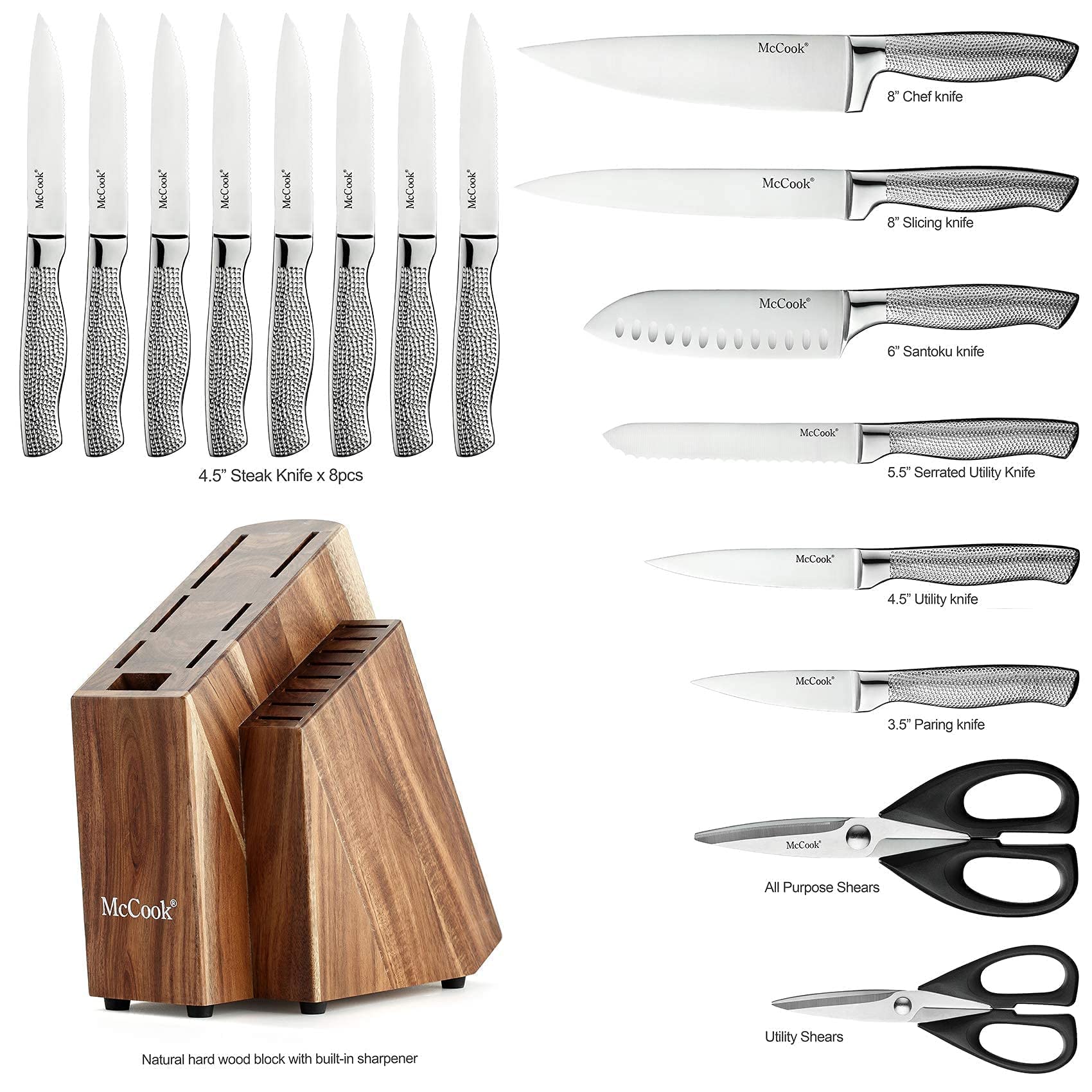 McCook MC20 Stainless Steel Knife Block Sets + MCW12 Bamboo Cutting Board (Large, 17”x12”x1”)