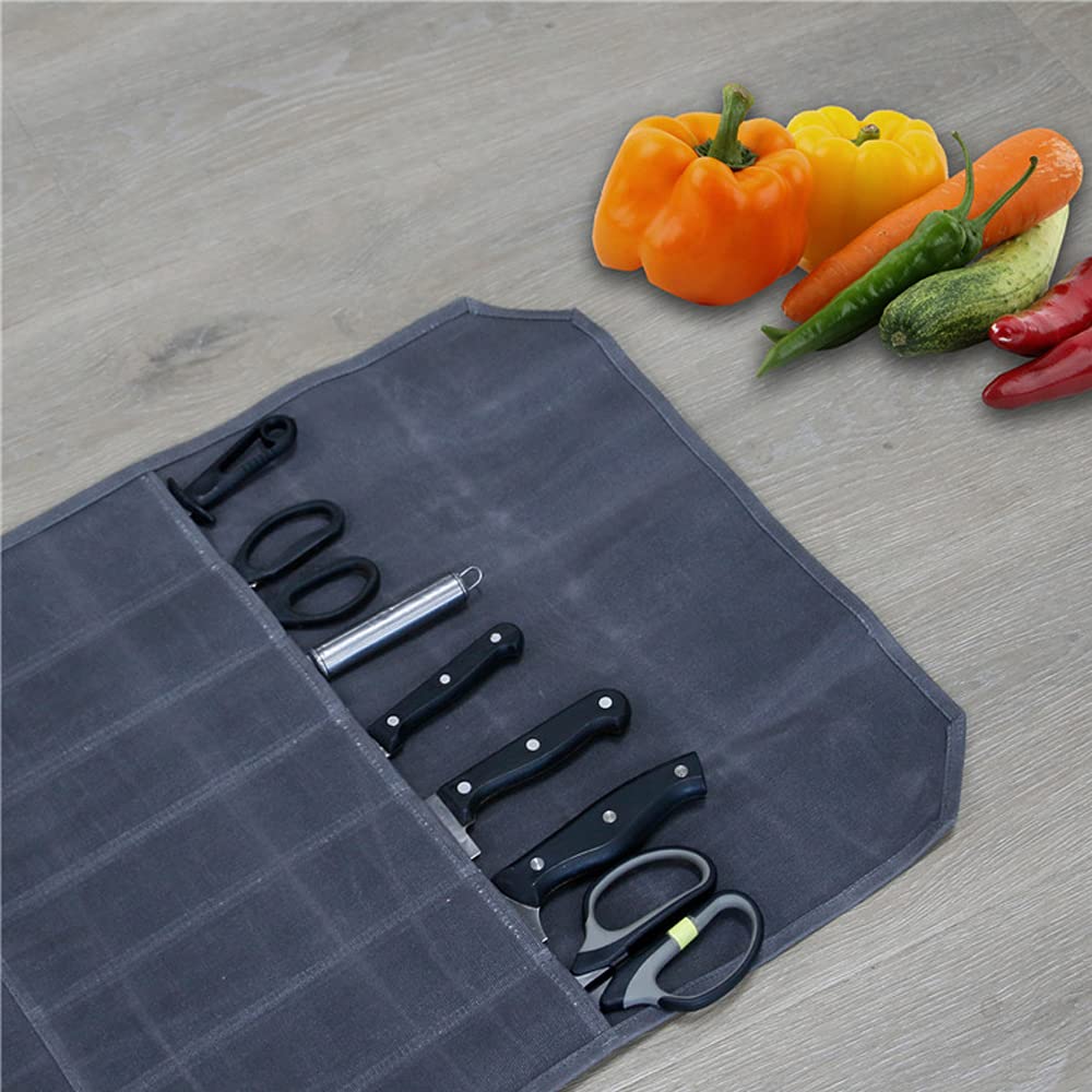 Knife Storage Bags and Rolls, Waxed Canvas Chefs Knife Carrier Holder, Cooking Knives and Utensils Wrap Bag, 7 Pockets Portable Protector Case for Kitchen Tools (Gray)