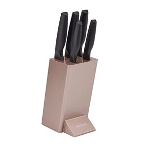 wiltshire knife block including 5 knives, paring knife, utility knife, cook’s knife, bread knife, carving knife, tapered grinding blade: black plastic handle