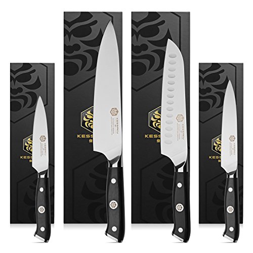 KESSAKU 4 Knife Set - Dynasty Series - Forged ThyssenKrupp German High Carbon Steel - 8-Inch Chef, 7-Inch Santoku, 5-Inch Utility, 3.5-Inch Paring