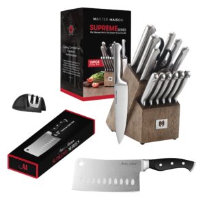 master maison stainless steel kitchen knife set with knife block & bonus cleaver | german stainless steel knives with knife sharpener & 6 steak knives | butcher block knife sets for kitchen