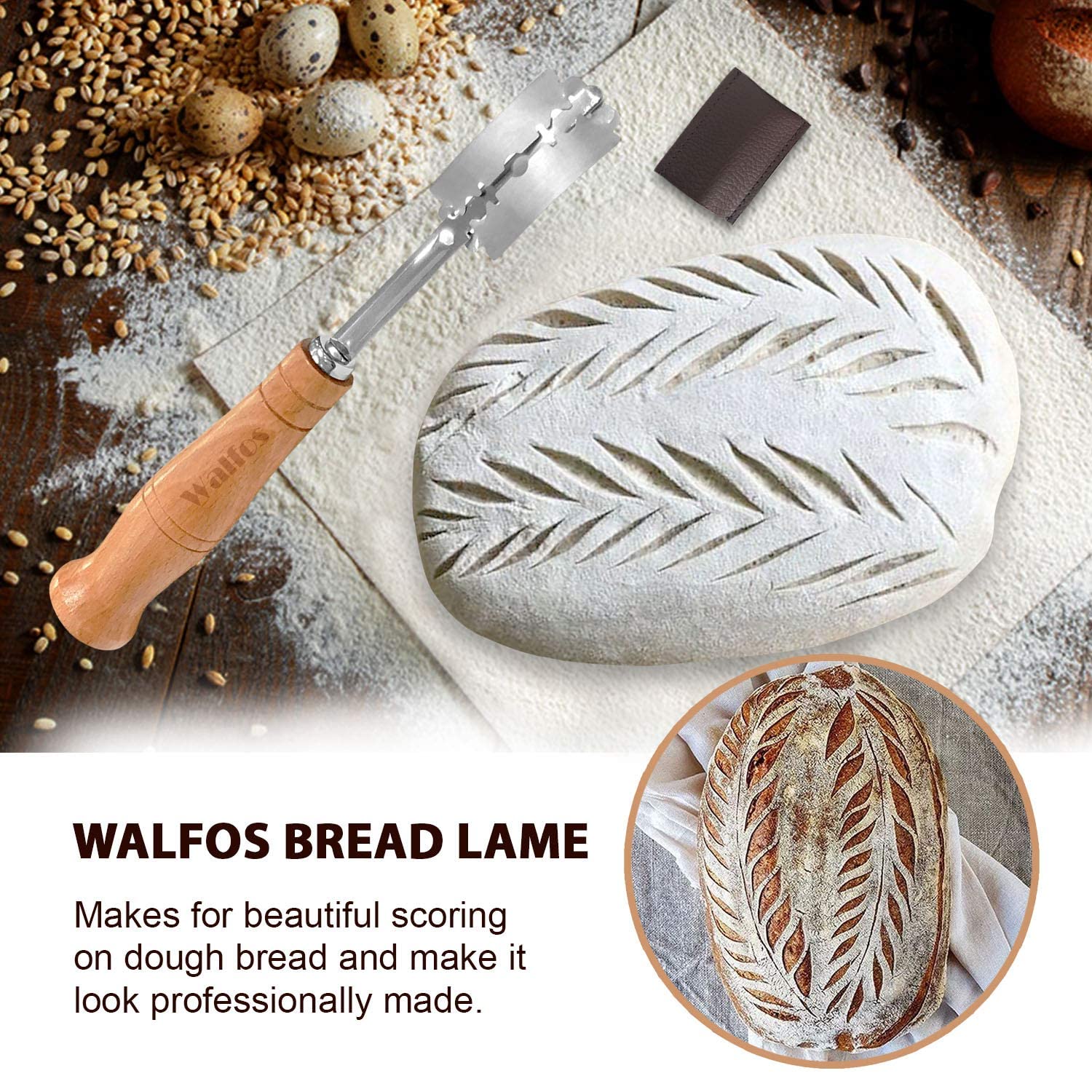 Walfos Bread Lame - Premium Bread Scoring Knife, Perfect for Scoring Sourdough Bread, Hand Crafted Bakers Lame Built for Bread Bakers, 15 Blades & Leather Protective Cover Included