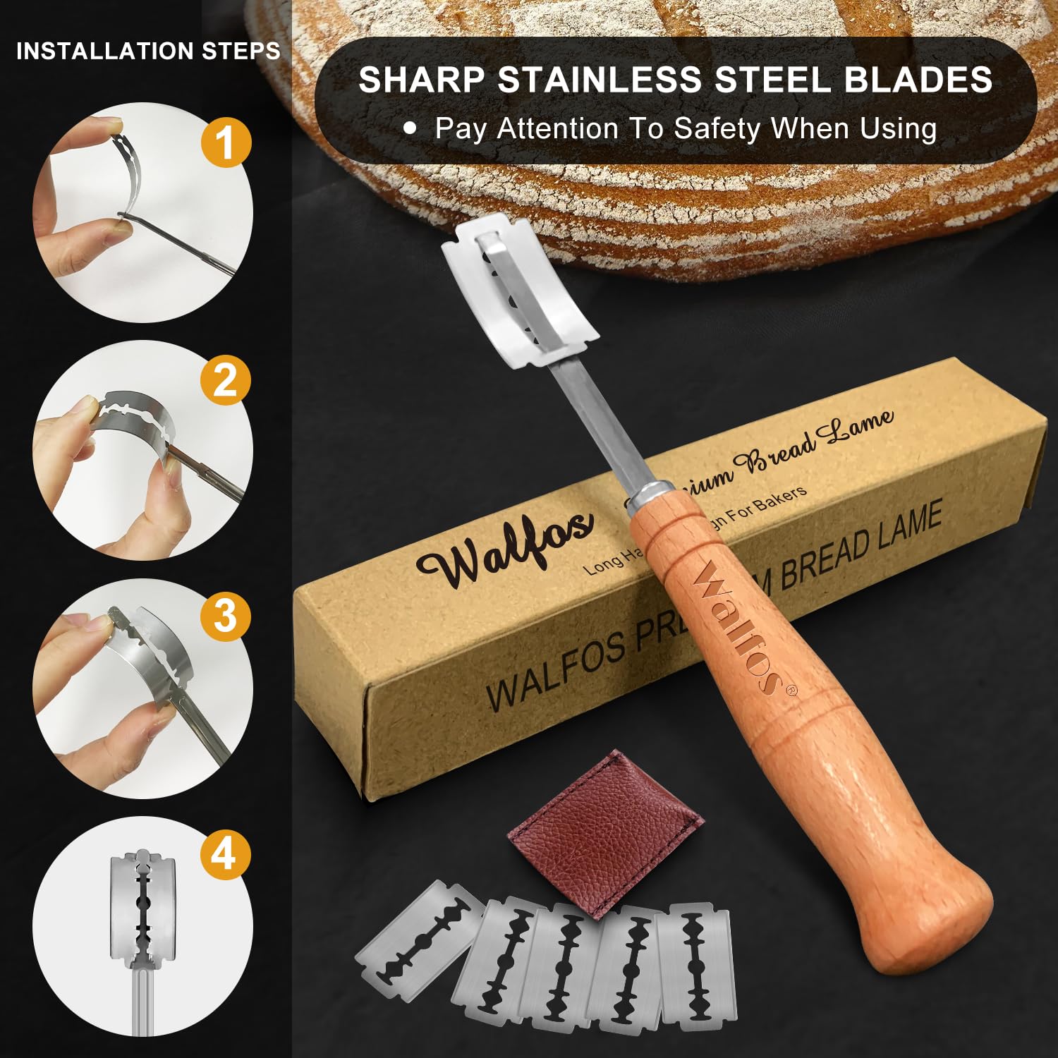 Walfos Bread Lame - Premium Bread Scoring Knife, Perfect for Scoring Sourdough Bread, Hand Crafted Bakers Lame Built for Bread Bakers, 15 Blades & Leather Protective Cover Included