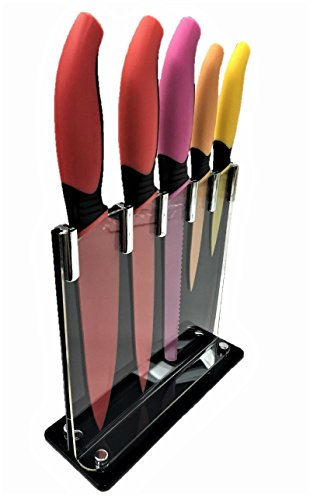 Kitchenson 3CR14 Stainless Steel Nonstick Multi-Color Professional Cutlery Set with 5 knives and 1 Clear Acrylic Stand 8.25” x 8.5”, Red, Pink, Orange and Yellow, 6 Piece Total