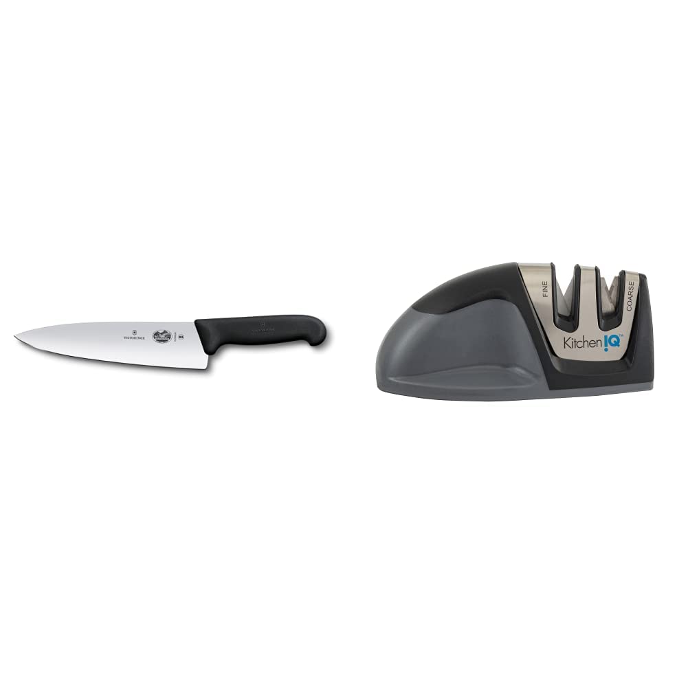 Victorinox Fibrox Pro Knife, 8-Inch Chef's FFP, 8 Inch, Black & KitchenIQ 50009 Edge Grip 2-Stage Knife Sharpener, Black