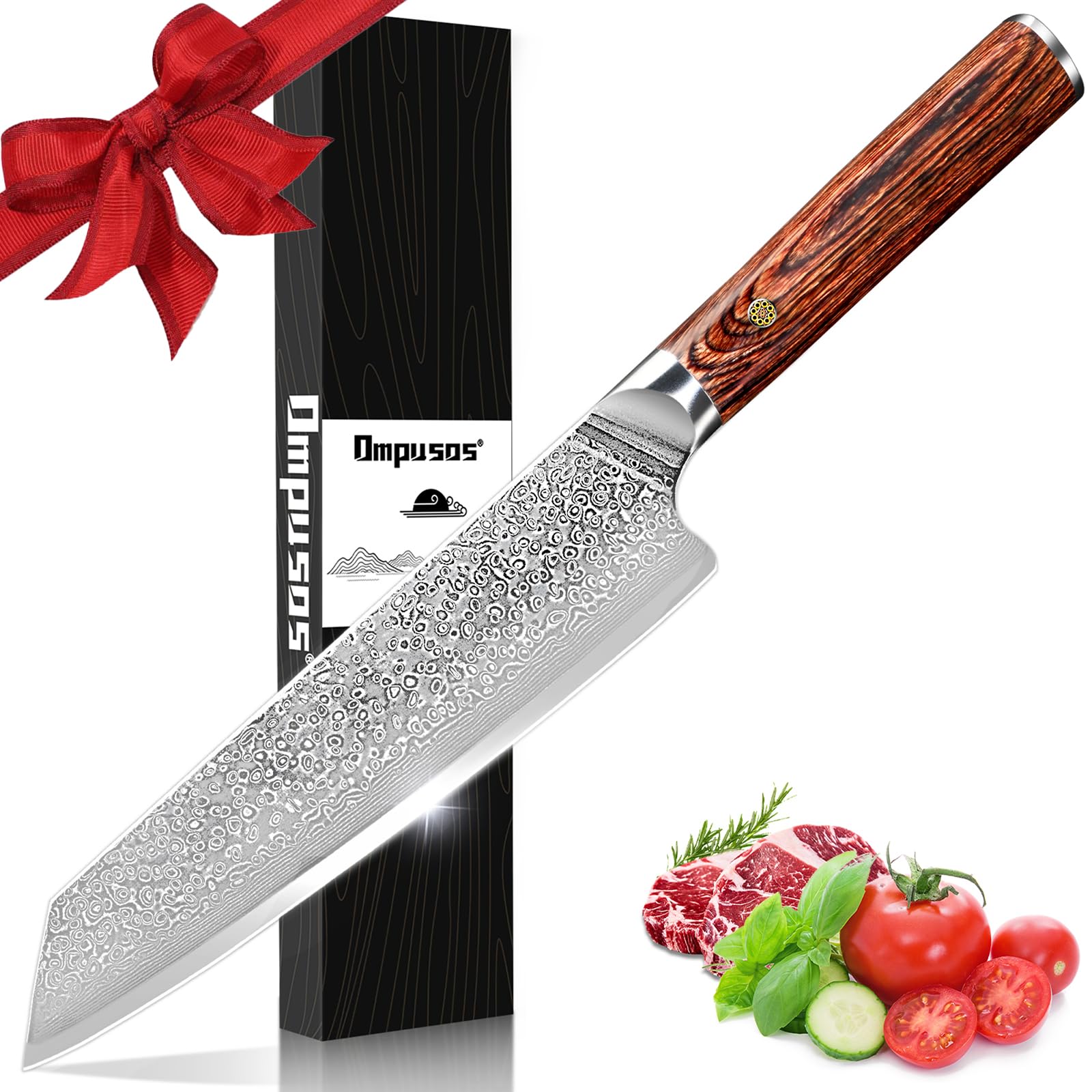 Ompusos Chef Knife 8 Inch, Super Sharp Pro Japanese Kitchen Knives, Damascus Chefs Knife VG-10 High Carbon Stainless Steel, Ergonomic Wooden Handle Cooking Knife, Gift Box for Family & Restaurant