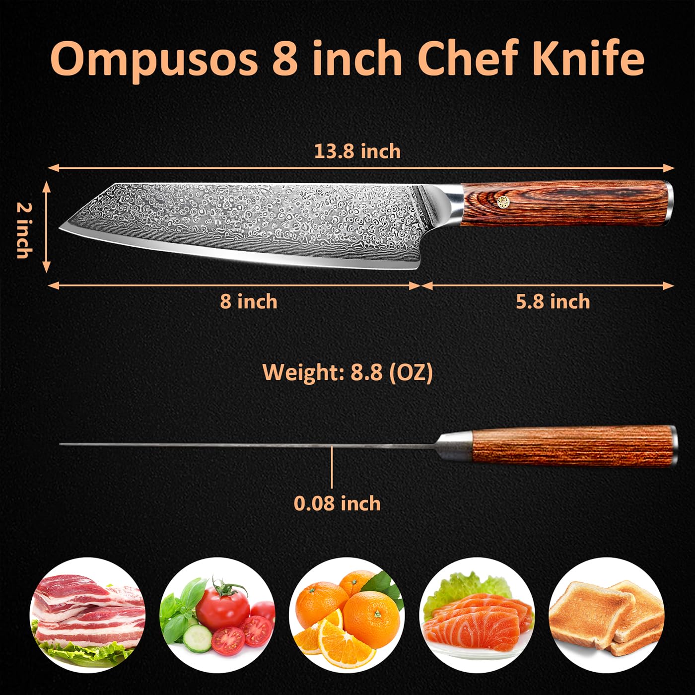 Ompusos Chef Knife 8 Inch, Super Sharp Pro Japanese Kitchen Knives, Damascus Chefs Knife VG-10 High Carbon Stainless Steel, Ergonomic Wooden Handle Cooking Knife, Gift Box for Family & Restaurant