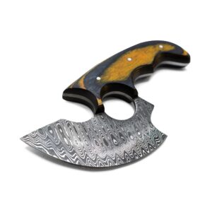 Titan International Knives Damascus Steel Alaskan ULU Blade High Carbon Full Tang Boning Utility Kitchen Knife with Diamond Wood Handle Ideal for Kitchen Hunting & Outdoors Leather Sheath included