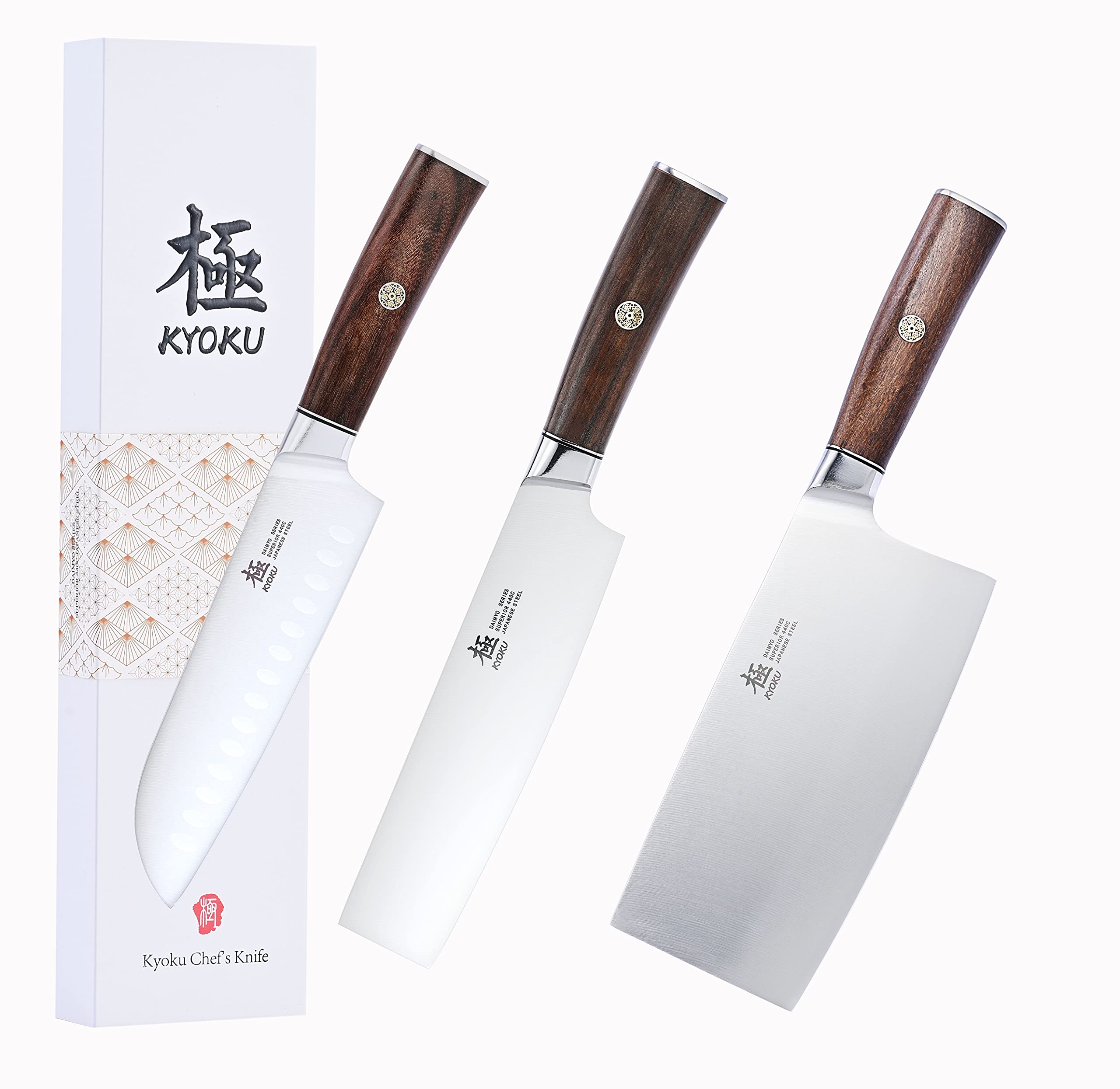 KYOKU Daimyo Series 7" Santoku Knife + 7'' Nakiri Knife + 7'' Cleaver - Japanese 440C Stainless Steel - Rosewood Handle