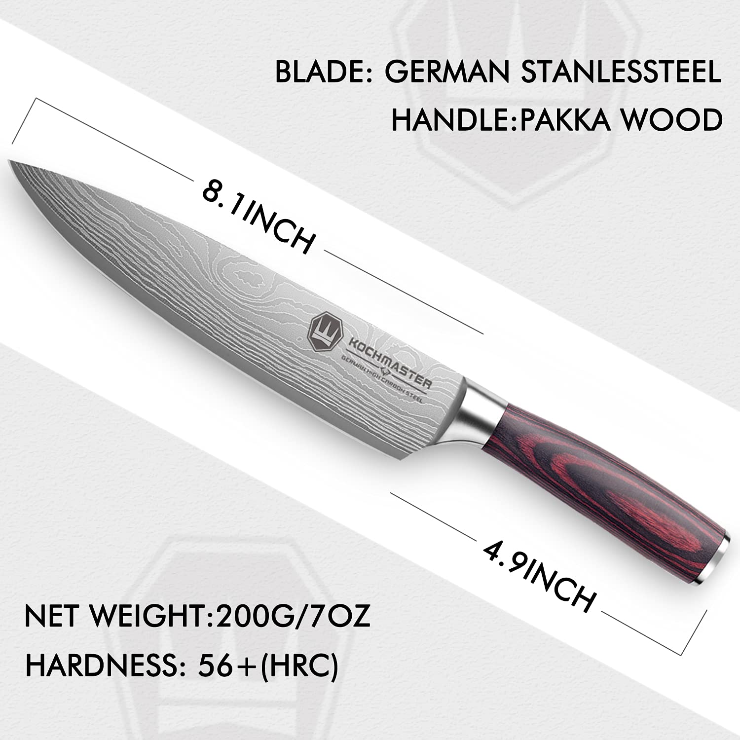 KOCHMASTER Chef Knife Professional 8" ,Kitchen Knife Ultra Sharp with Sheath,Made of High Carbon German Steel and Pakka Wood Handle with Gift Box Packing,The Ideal Choice for Kitchen & Restaurant