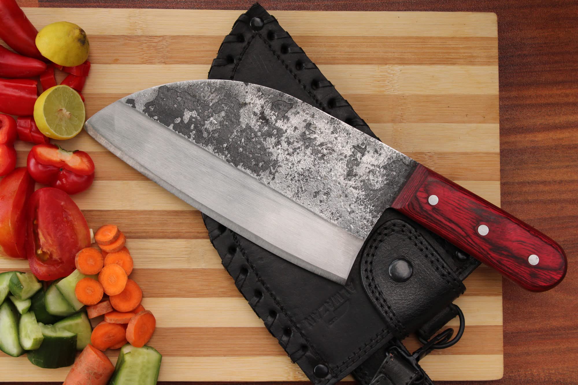 Almazan Official Original Serbian Kitchen Hand Forged Chef Knife with Leather Sheath - Made in Spain