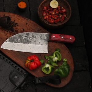 Almazan Official Original Serbian Kitchen Hand Forged Chef Knife with Leather Sheath - Made in Spain