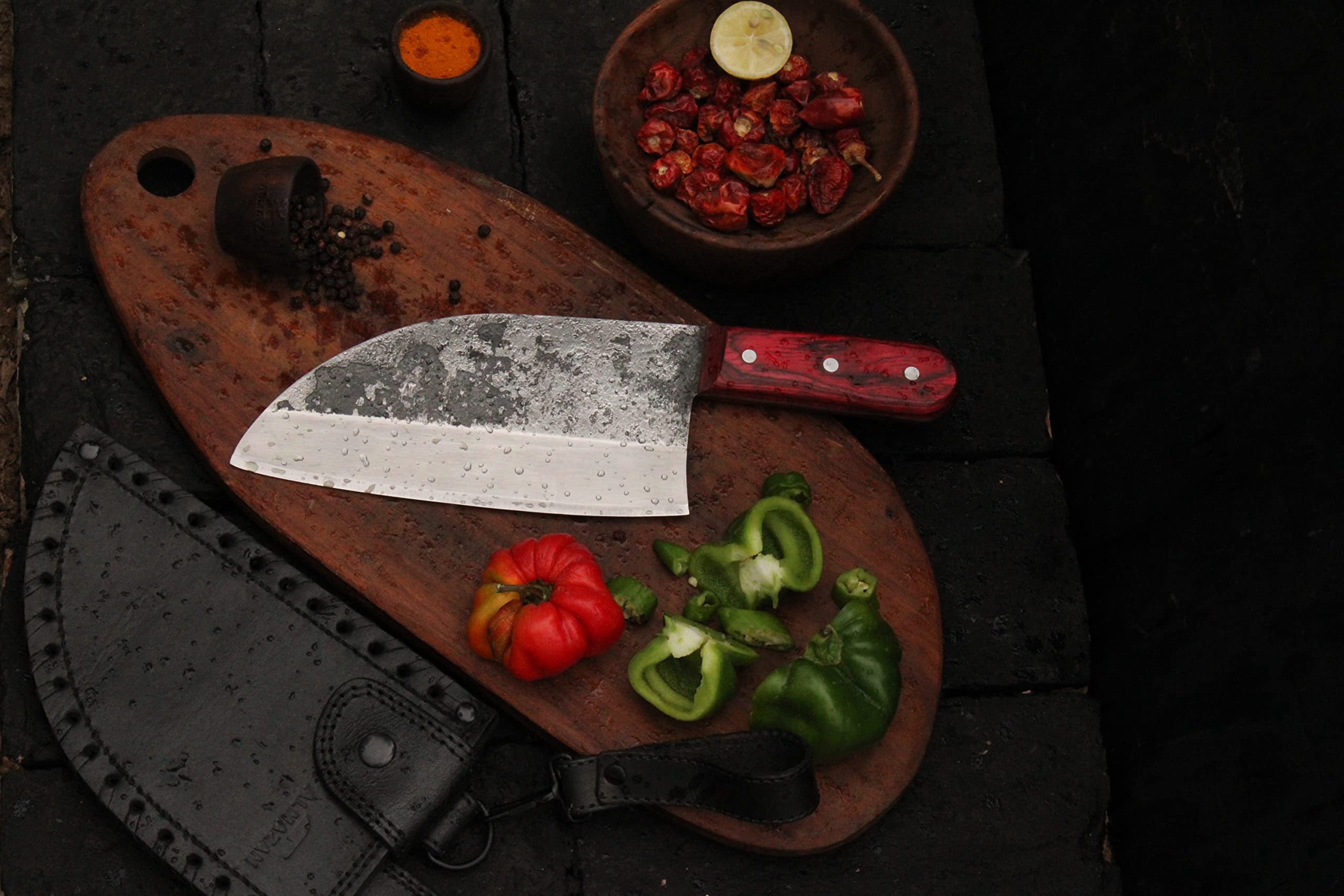 Almazan Official Original Serbian Kitchen Hand Forged Chef Knife with Leather Sheath - Made in Spain