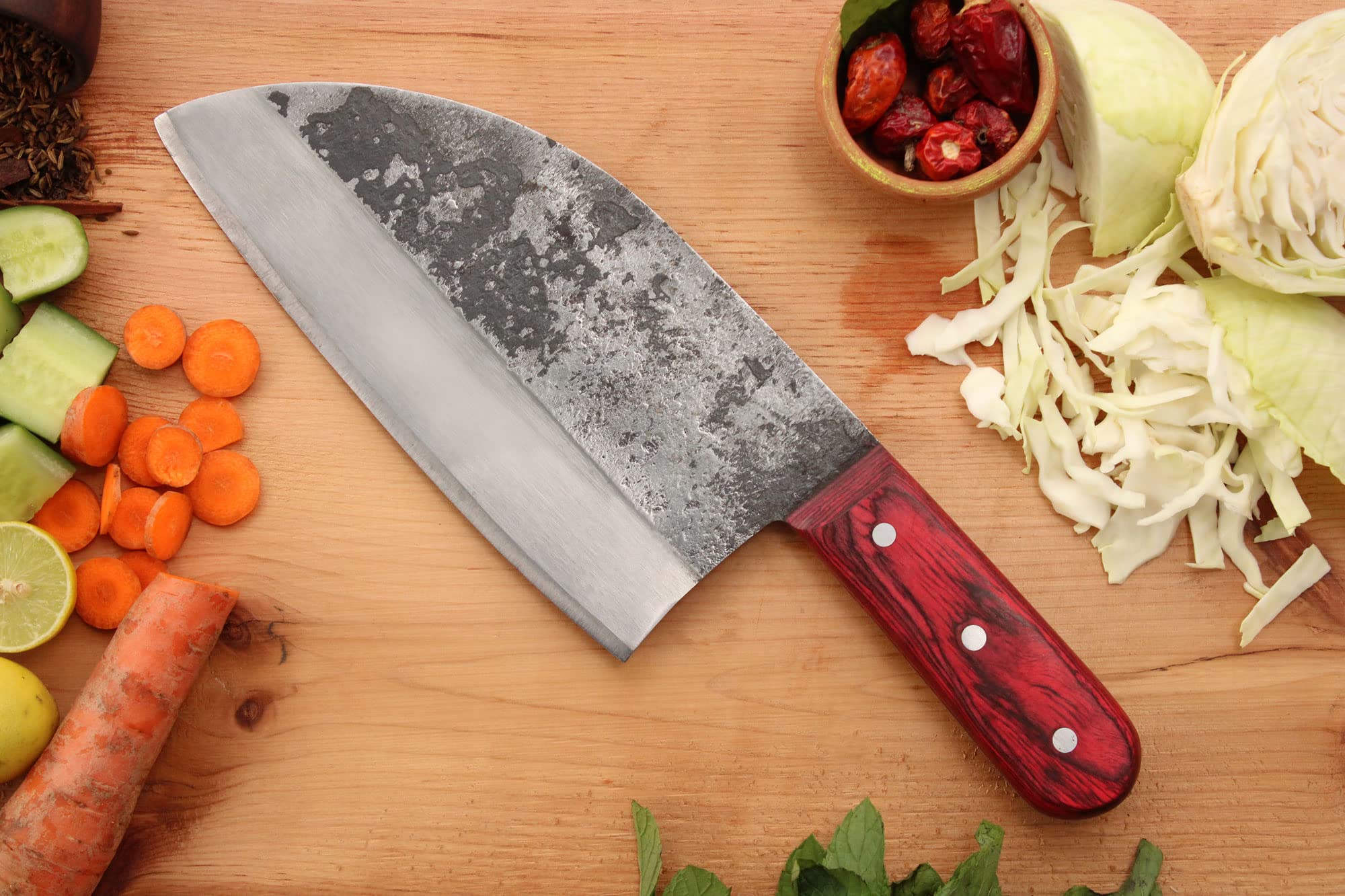 Almazan Official Original Serbian Kitchen Hand Forged Chef Knife with Leather Sheath - Made in Spain