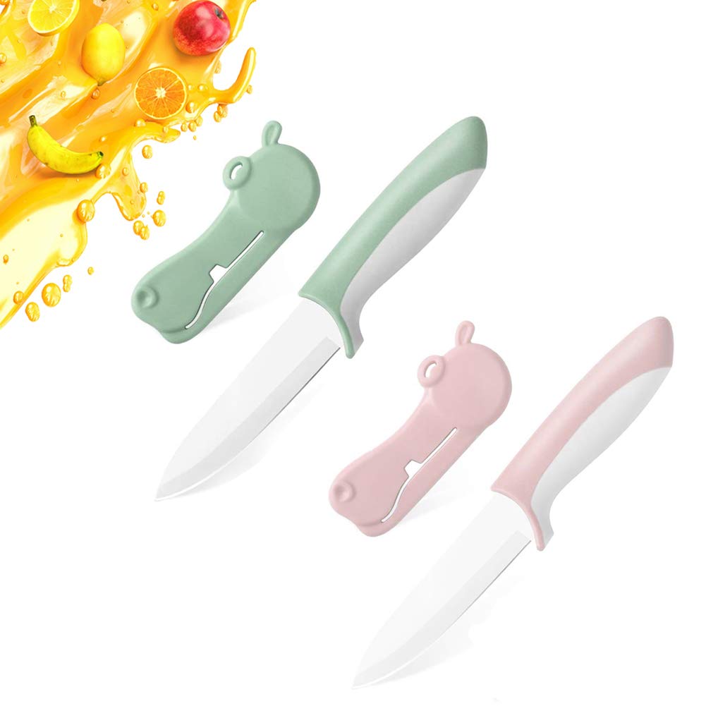 VSL VANSLENSON 2 Piece Kitchen Knife Set 4” Paring Knife with Sheath + Serrated Peeler Non Stick Ceramic Blade Stylish Hippo knife Pink Combo (Pink + Green Hippo)