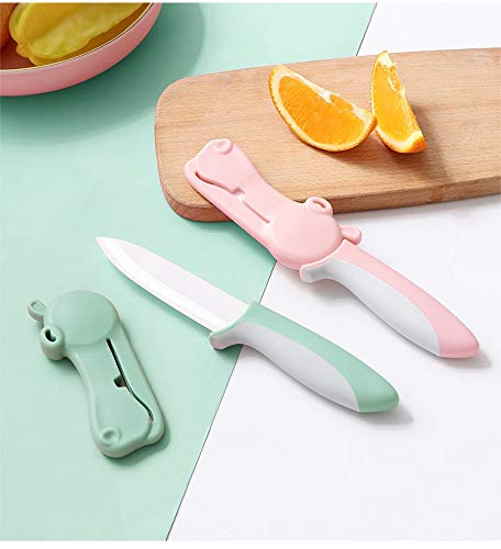 VSL VANSLENSON 2 Piece Kitchen Knife Set 4” Paring Knife with Sheath + Serrated Peeler Non Stick Ceramic Blade Stylish Hippo knife Pink Combo (Pink + Green Hippo)