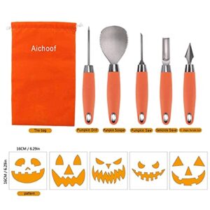 Aichoof Pumpkin Carving Kit, Set of 11 Included 5pcs Pumpkin Carving Tool, 5pcs Pattern Stencils and Drawstring Storage Bag,Stainless Steel Blade with Soft Grip Handle,Gift Box Package,Dishwasher safe