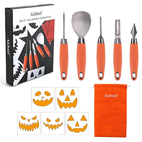 Aichoof Pumpkin Carving Kit, Set of 11 Included 5pcs Pumpkin Carving Tool, 5pcs Pattern Stencils and Drawstring Storage Bag,Stainless Steel Blade with Soft Grip Handle,Gift Box Package,Dishwasher safe