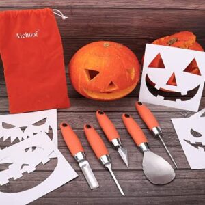 Aichoof Pumpkin Carving Kit, Set of 11 Included 5pcs Pumpkin Carving Tool, 5pcs Pattern Stencils and Drawstring Storage Bag,Stainless Steel Blade with Soft Grip Handle,Gift Box Package,Dishwasher safe